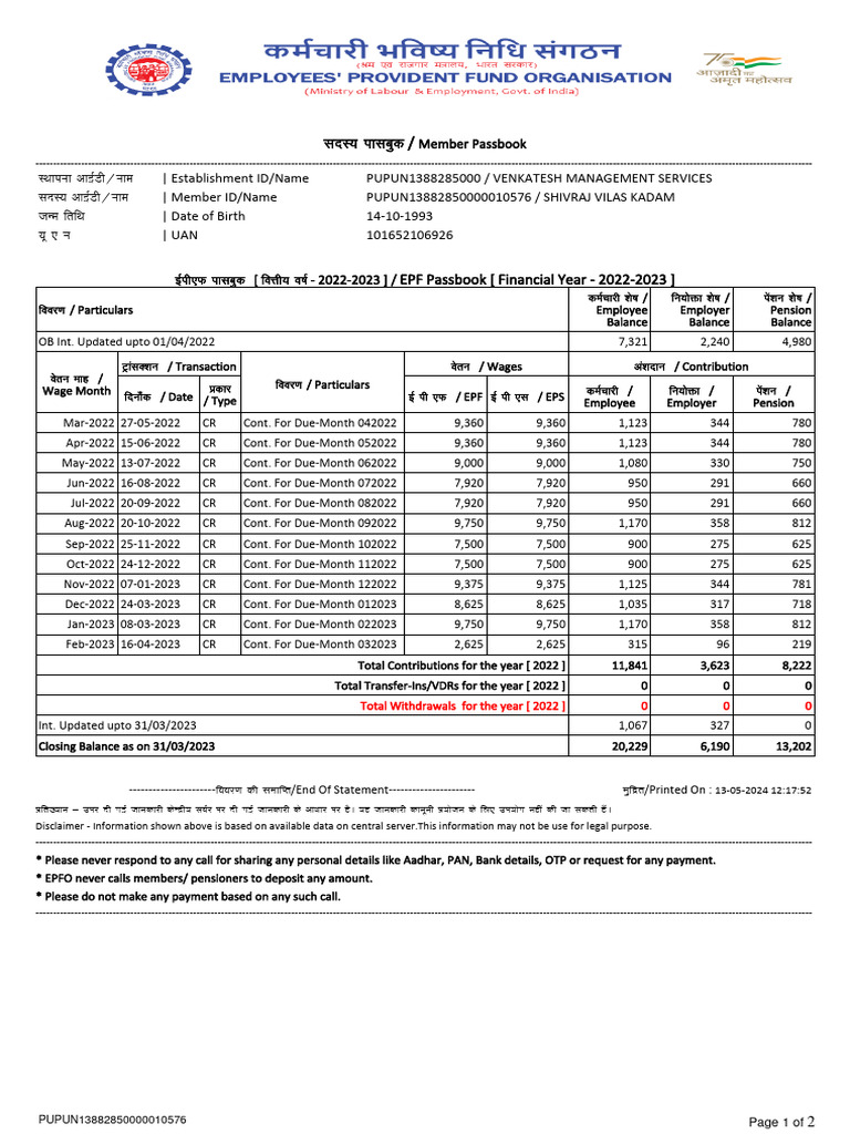 EPF Passbook Summary 2022-2023 | PDF | Factor Income Distribution ...
