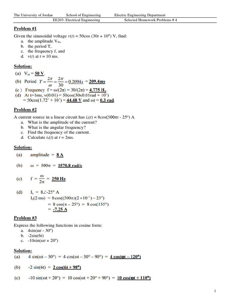 EE203-Solved Problem Sinusoids | PDF | Electrical Engineering | Electronic Circuits