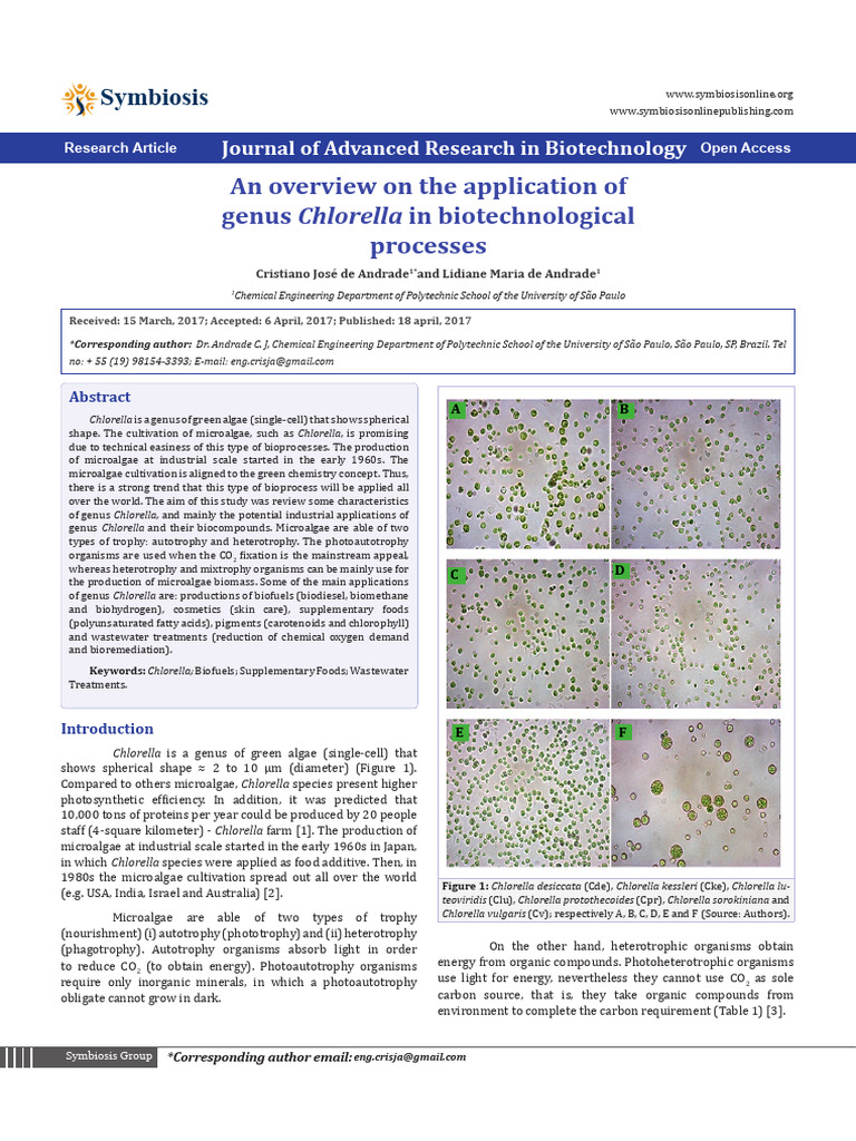 An Overview On The Application of Genus Chlorella in Biotechnological ...
