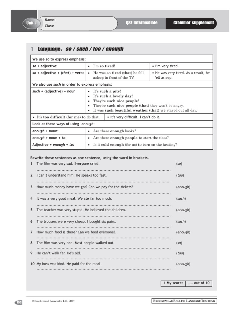 So - Such, Too - Enough | Download Free PDF | Adjective | Noun