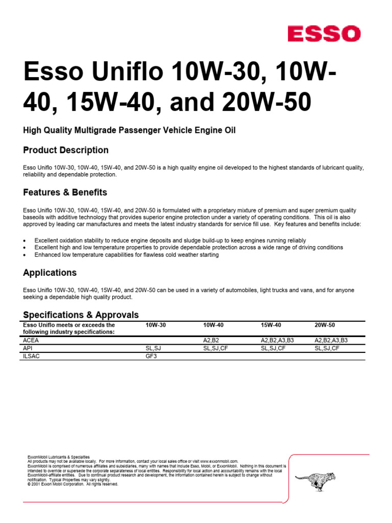 Esso Uniflo 10W-30 10W-40 15W-40 and 20W-50 en | PDF | Motor Oil ...
