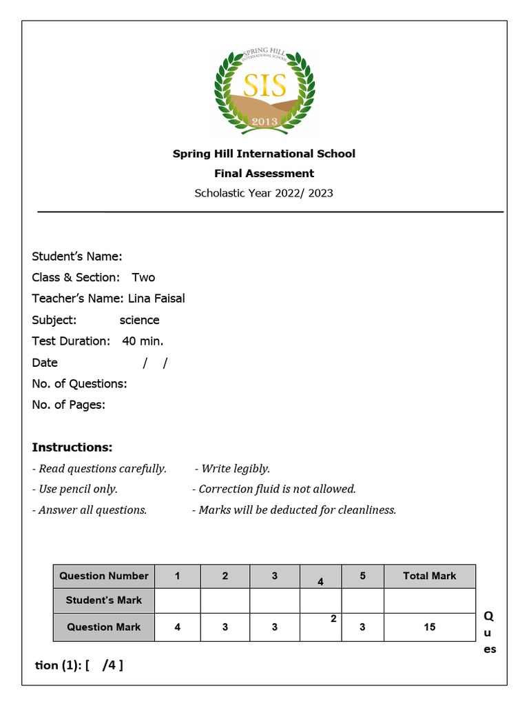 Final Assessment For Grade 2 (Low Achievers) | PDF