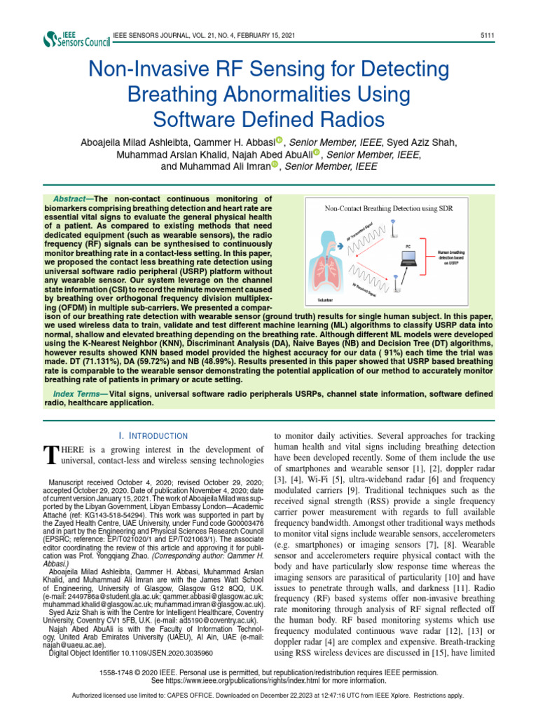 Non-Invasive RF Sensing For Detecting Breathing Abnormalities Using Software Defined Radios ...