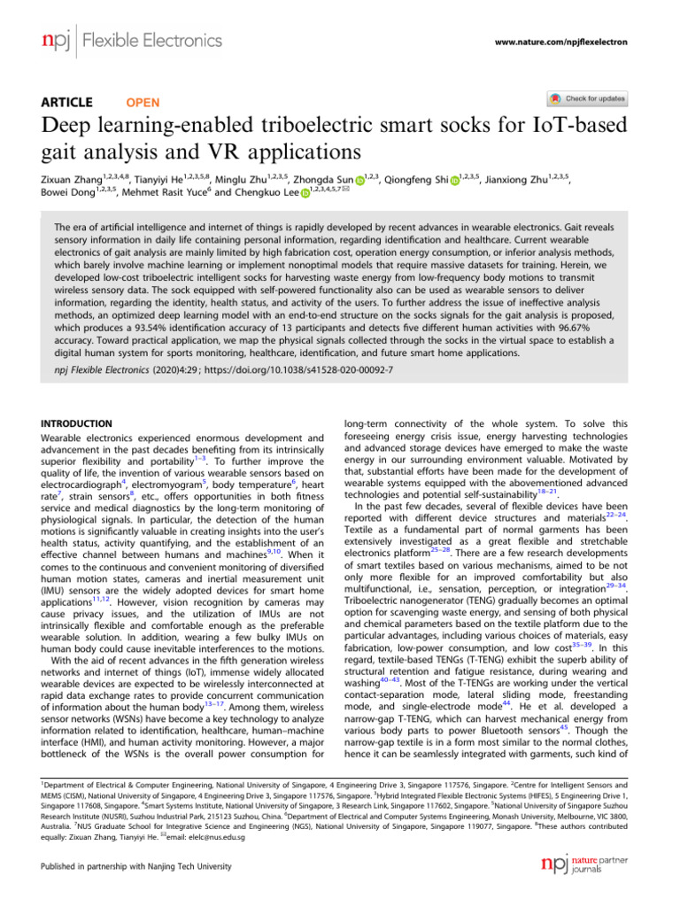 Deep Learning-Enabled Triboelectric Smart Socks For IoT-based Gait Analysis and VR Applications ...