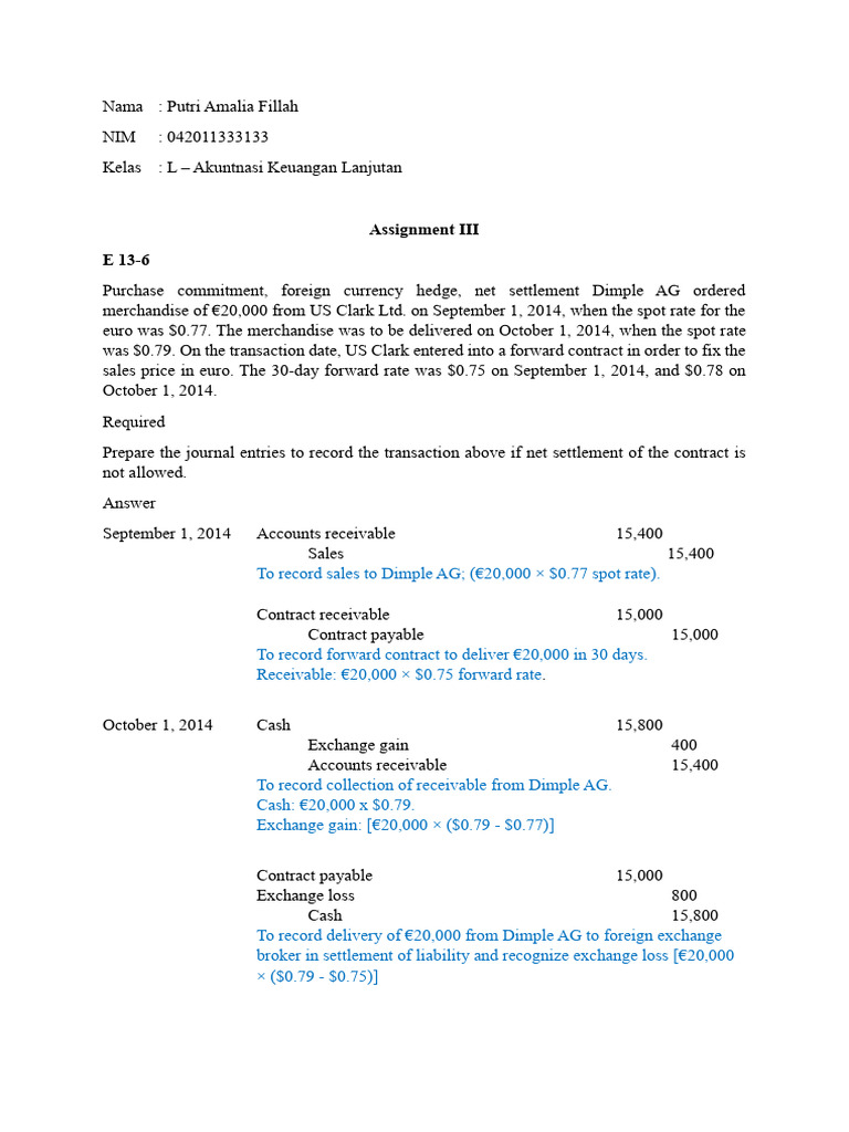 Putri Amalia Fillah - AKL II - Assignment 3 | PDF | Indonesian Rupiah | Spot Contract