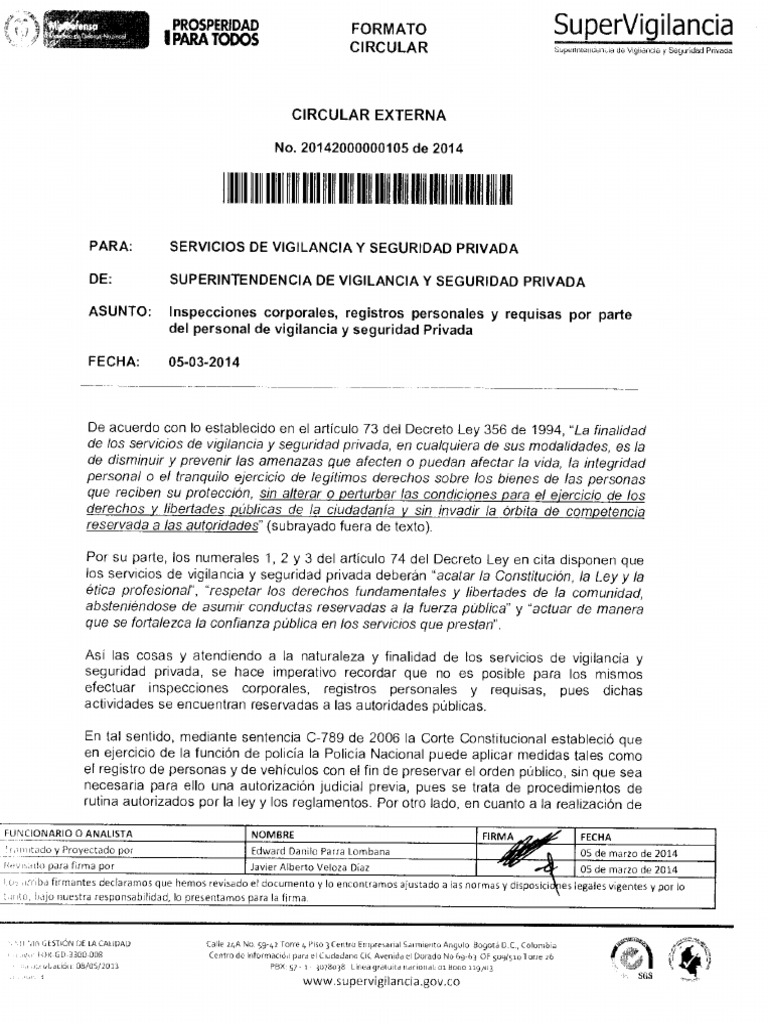 CIRCULAR EXTERNA No. 105 de 2014 - Inspecciones Corporales, Registros Personales y Requisas Por ...