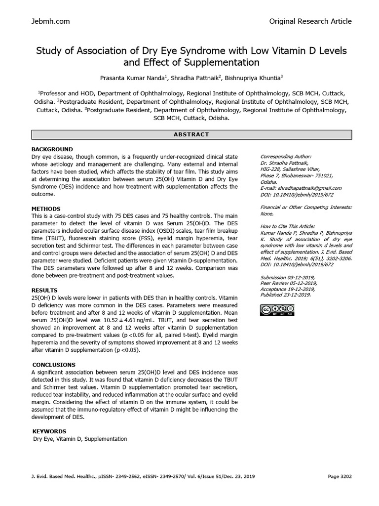 Study of Association of Dry Eye Syndrome | PDF | Vitamin D | Medical ...