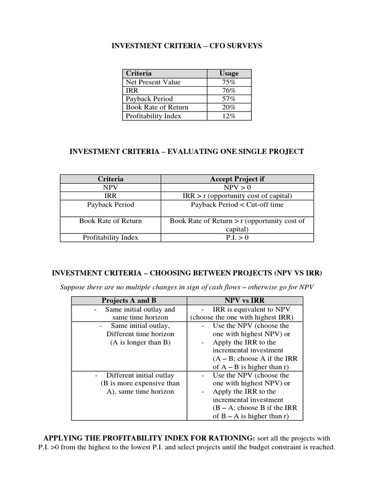 INVESTMENT CRITERIA Corp Finance | PDF | Net Present Value | Internal ...
