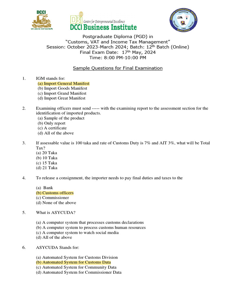 Sample Questions For Final Exam of PGD in CVITM 12th Batch-Part | PDF ...