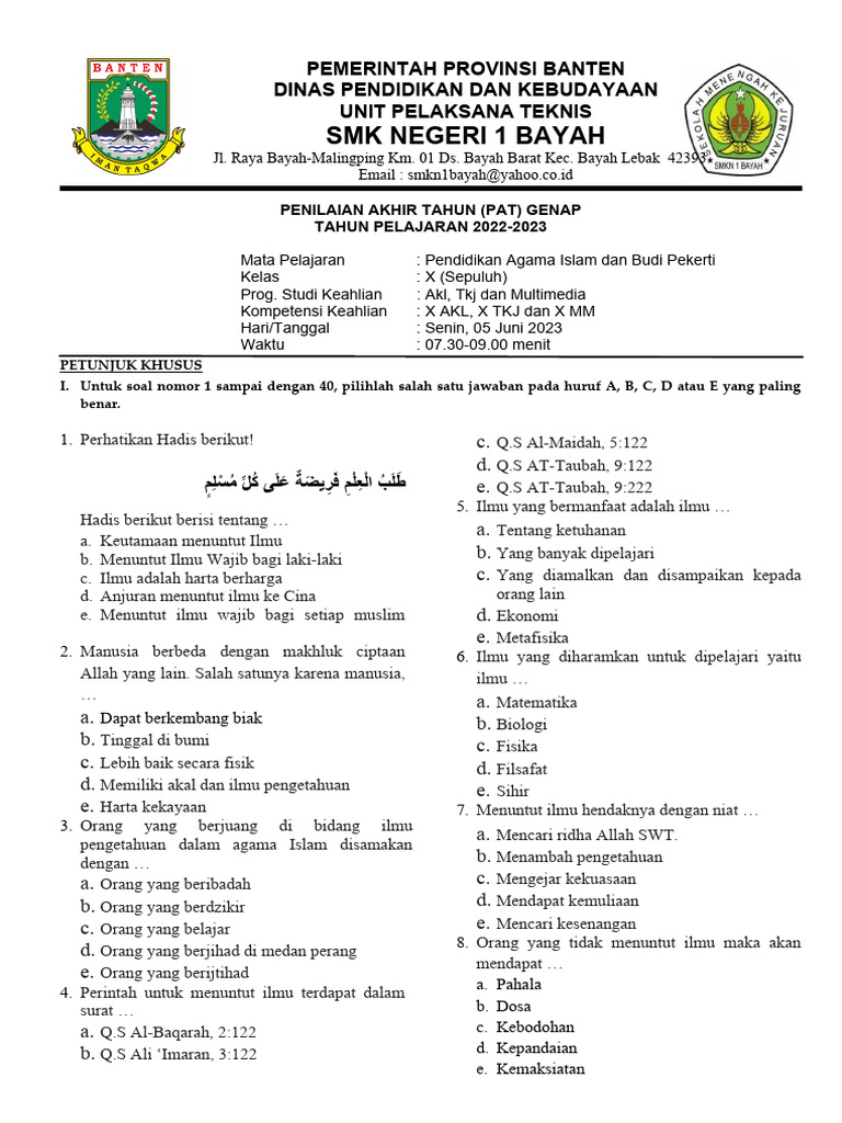 Soal PAT PAI Kls X (2022-2023) | PDF
