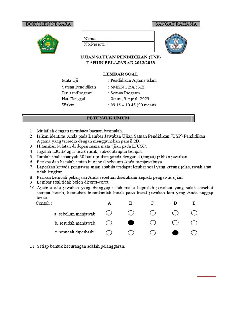 Usp - Soal Pai-A Xii 2023 | PDF