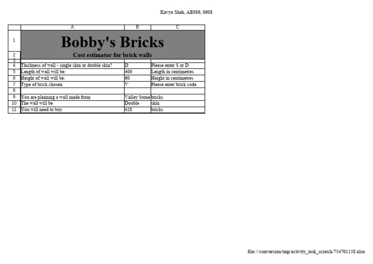 Bobby's Bricks: Cost Estimator For Brick Walls | PDF