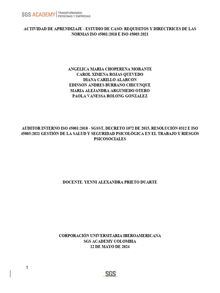 Actividad de Aprendizaje - Estudio Caso Requisitos y Directrices ISO 45001.2018 e ISO 45003.2021 ...