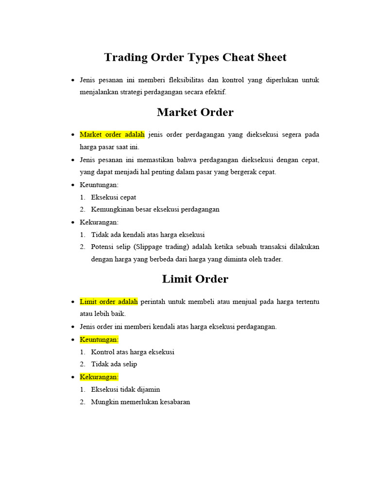 Trading Order Types Cheat Sheet | PDF