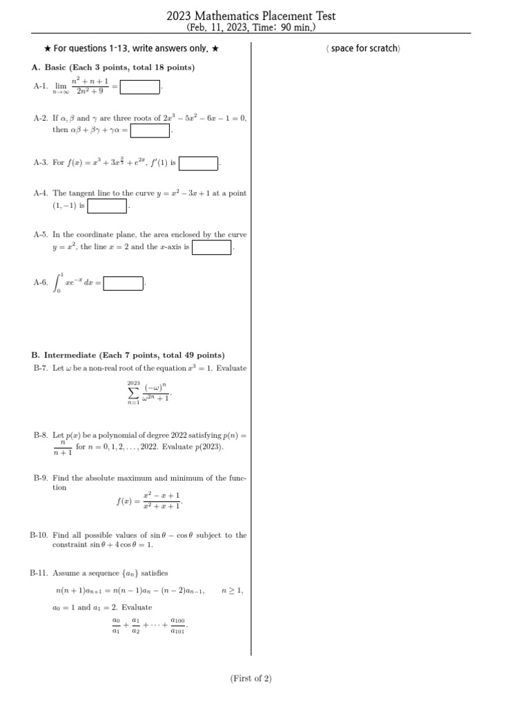 2023 Mathematics Placement Test Guide | PDF | Function (Mathematics ...