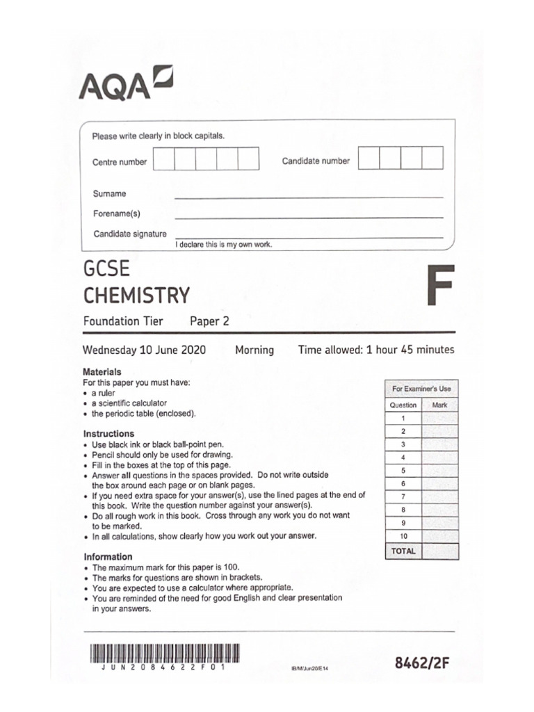 AQA GCSE Chemistry 2020 Foundation Paper 2 Model Solutions | PDF