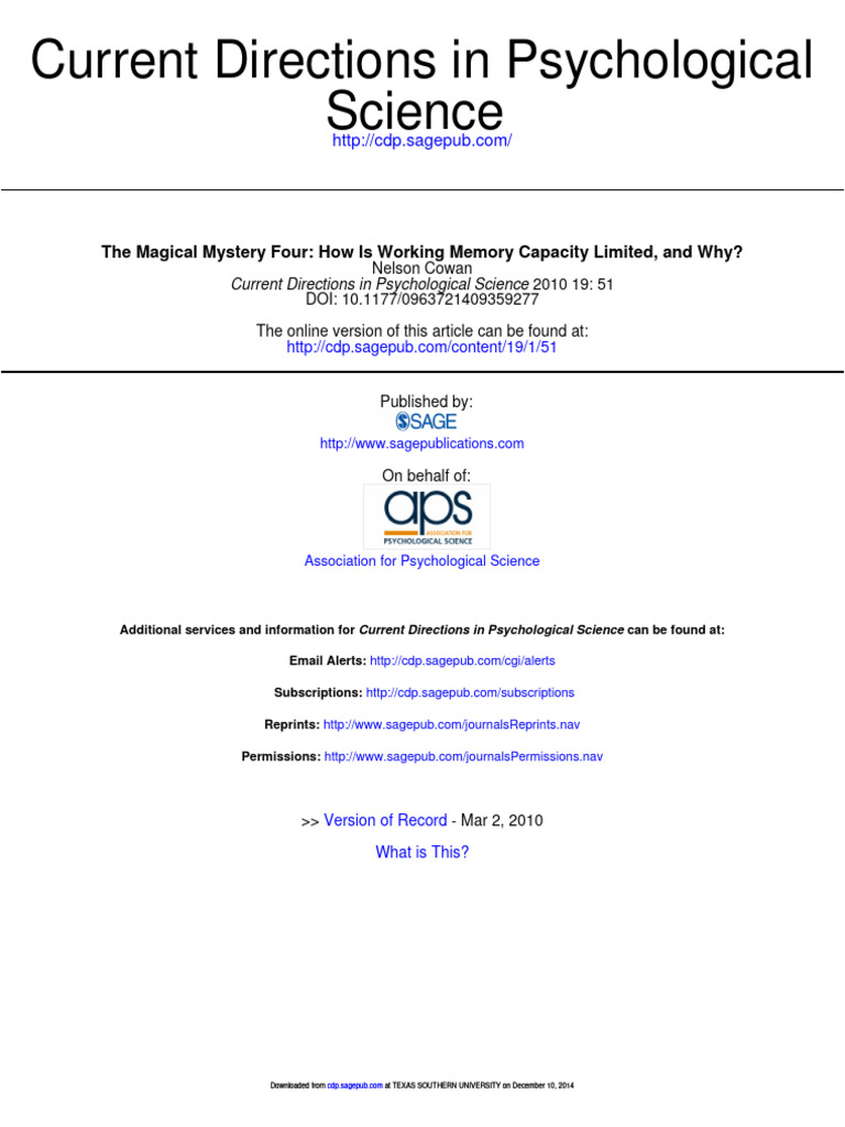 COWAN, N. How Is Working Memory Capacity Limited, and Why | PDF | Working Memory | Memory