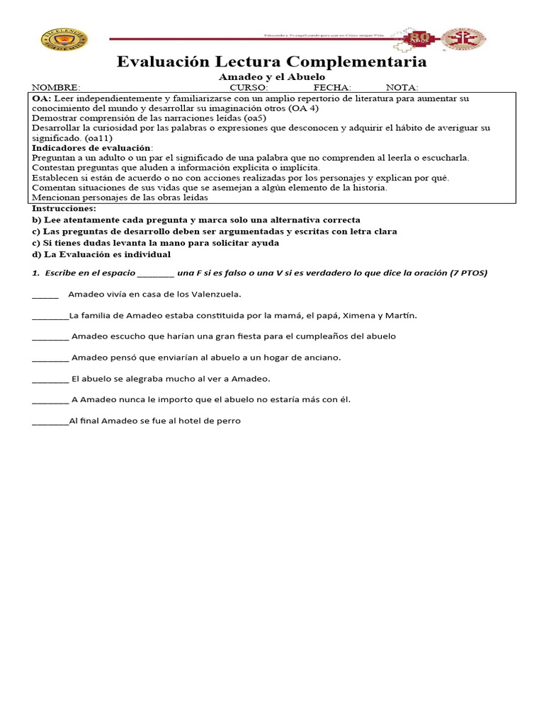 Evaluación Lectura Complementaria AMADEO Y EL ABUELO | PDF