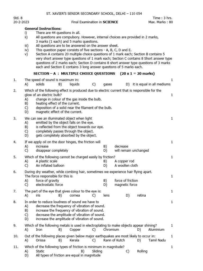 Class 8 Science Annual Examination Paper | Download Free PDF | Force ...