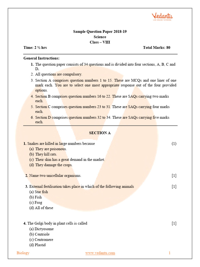 CBSE Sample Paper For Class 8 Science With Solutions - Mock Paper-1 ...
