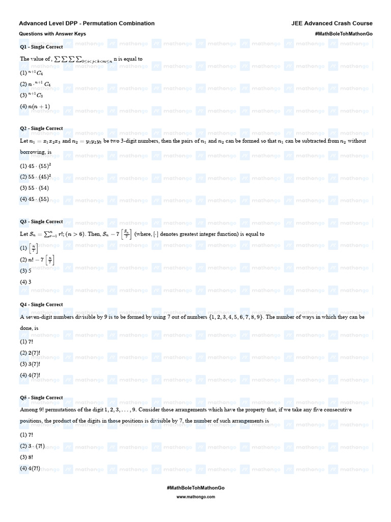 Advanced Level DPP Permutation Combination Question Mathongo | PDF ...