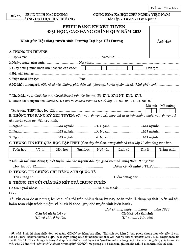 Mấu phiếu ĐK xét tuyển CĐ,ĐH 2023 (2 mau) | PDF