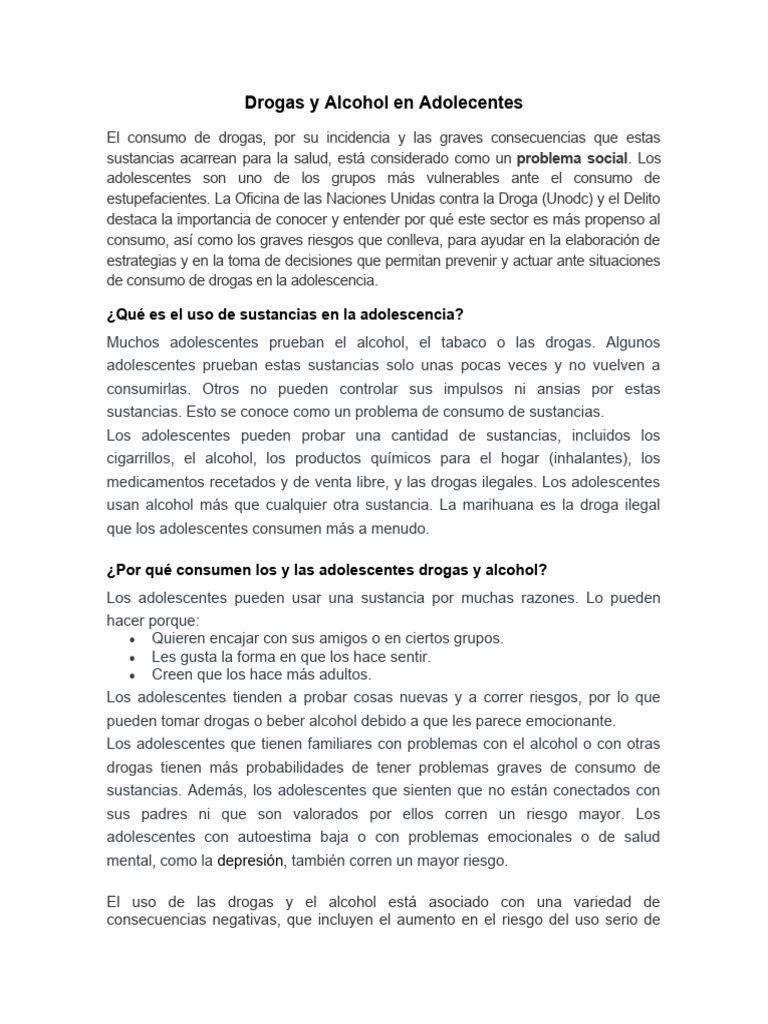 Drogas y Alcohol en Adolecentes | PDF | La dependencia de sustancias ...