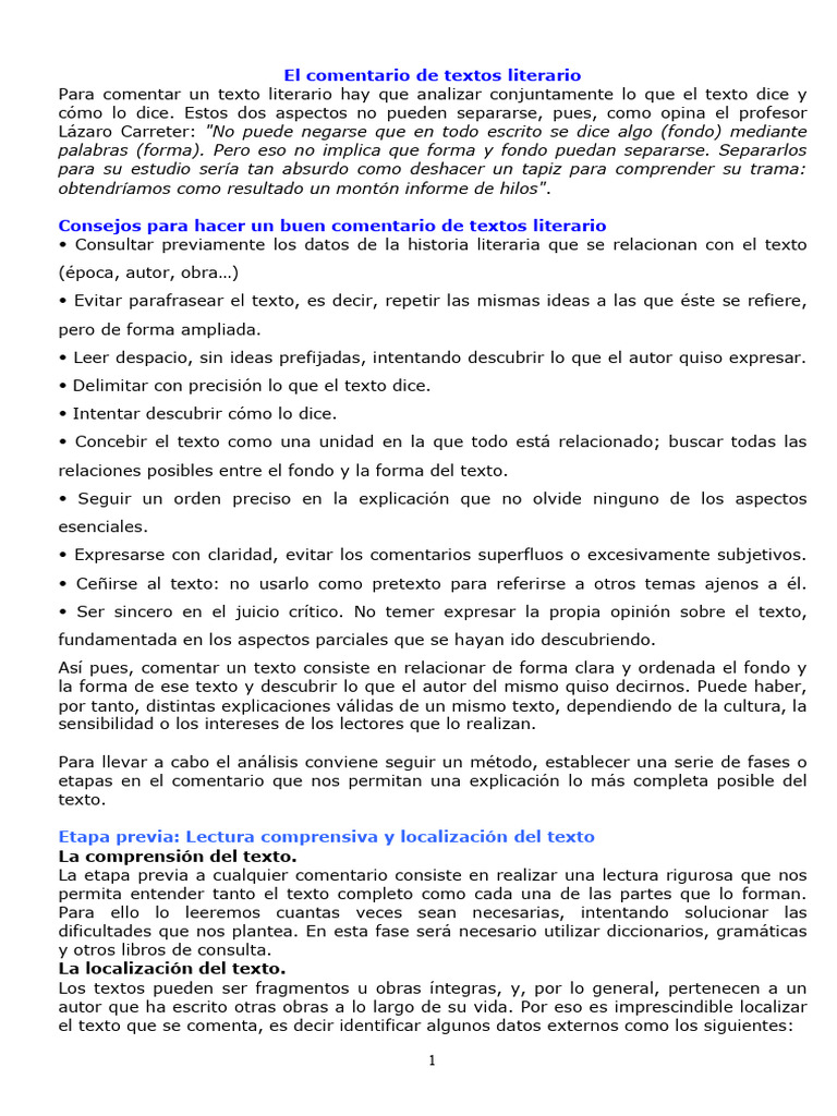 El Comentario de Textos Literario | PDF | Comunicación | Autor