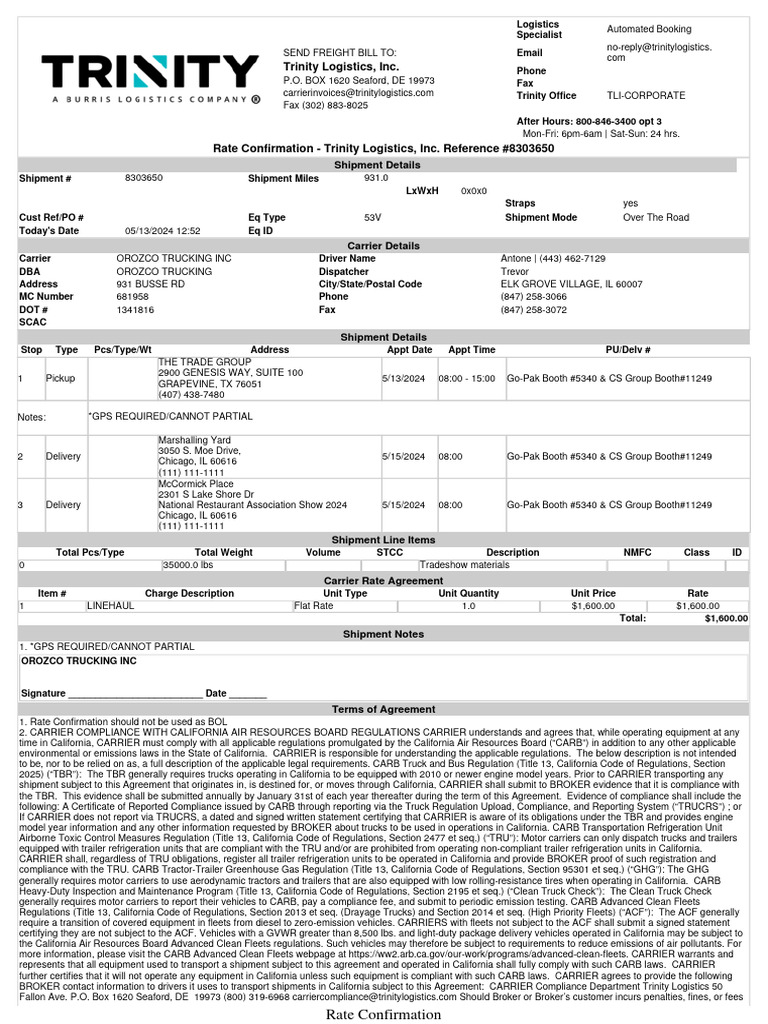 202405131252-8303650-64096 Rate Confirmation | PDF | Cargo | Transport