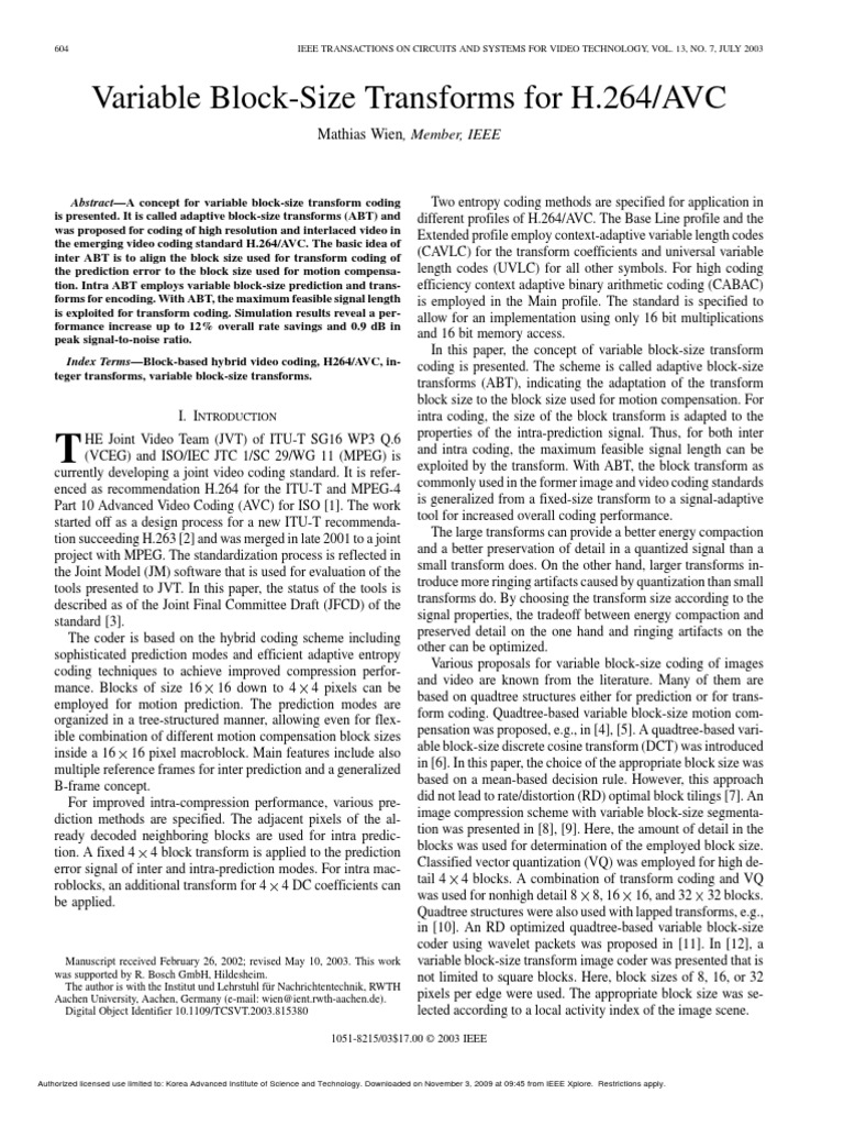 07 Variable Block Size Transforms For H 264avc Pdf H 264 Mpeg 4 Avc Data Compression