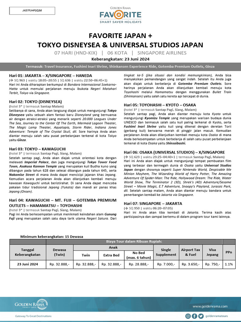 Jk07fjhpsq56 - 7d4n Favorite Japan Tds Usj (Hnd-Kix) by SQ - Dep 23 Jun 2024 | PDF