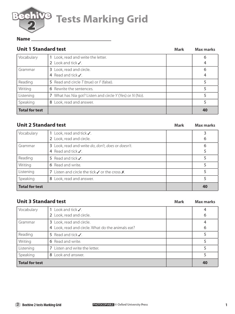 Beehive2 Tests Marking Grid | PDF | Vocabulary | Linguistic Typology