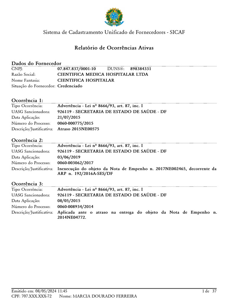 Sistema de Cadastramento Unificado de Fornecedores - SICAF: Relatório ...