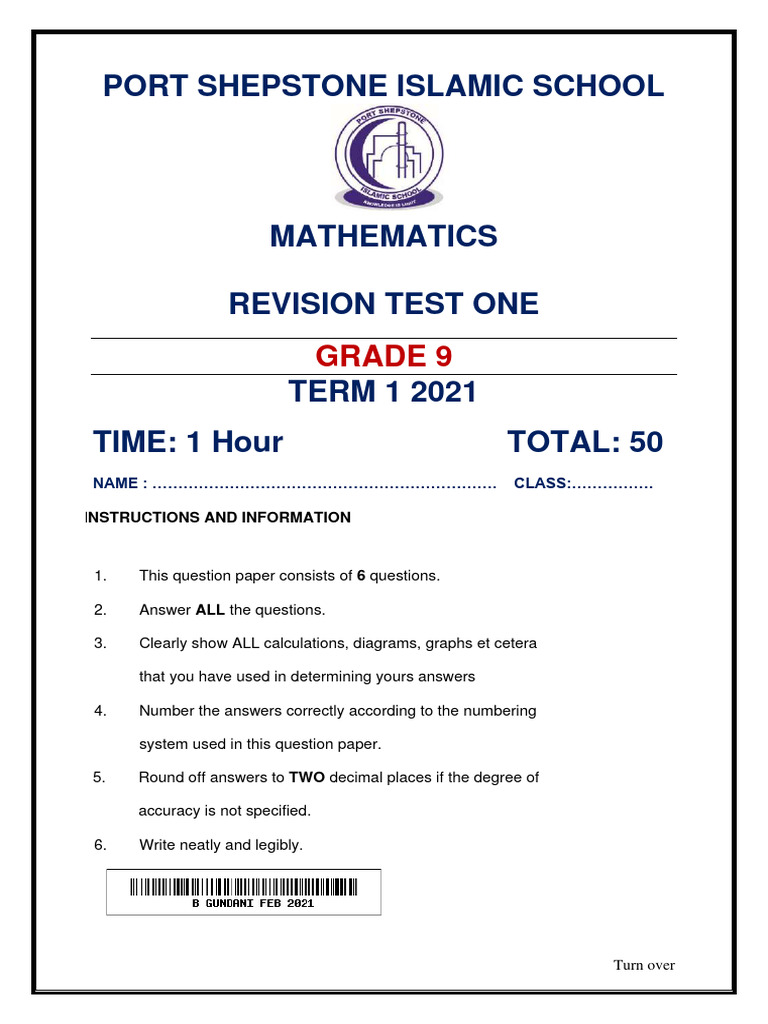 Grade9 T1 QuestionPaper Maths | PDF | Ratio | Elementary Mathematics