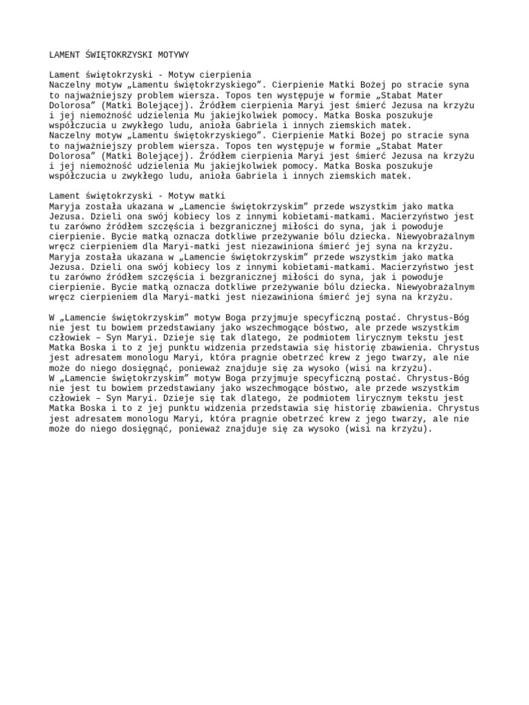 Lament Świętokrzyski Motywy | PDF