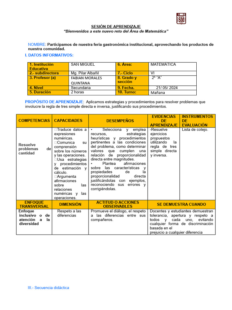 Sesión de Aprendizaje SM Regla de Tres Simple | Descargar gratis PDF | Evaluación | Aprendizaje