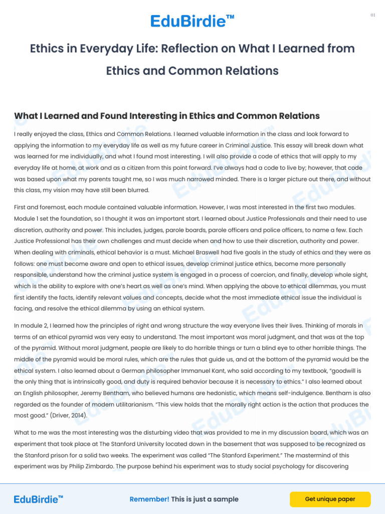 Ethics in Everyday Life Reflection On What I Learned From Ethics and ...