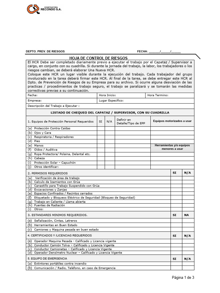 Modelo Hoja Control De Riesgos Hcr Pdf 1787