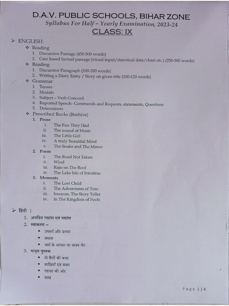 Syllabus For Half Yearly Examination 2023-24 | PDF