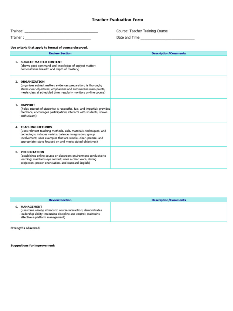 Teacher Evaluation Form Template | PDF
