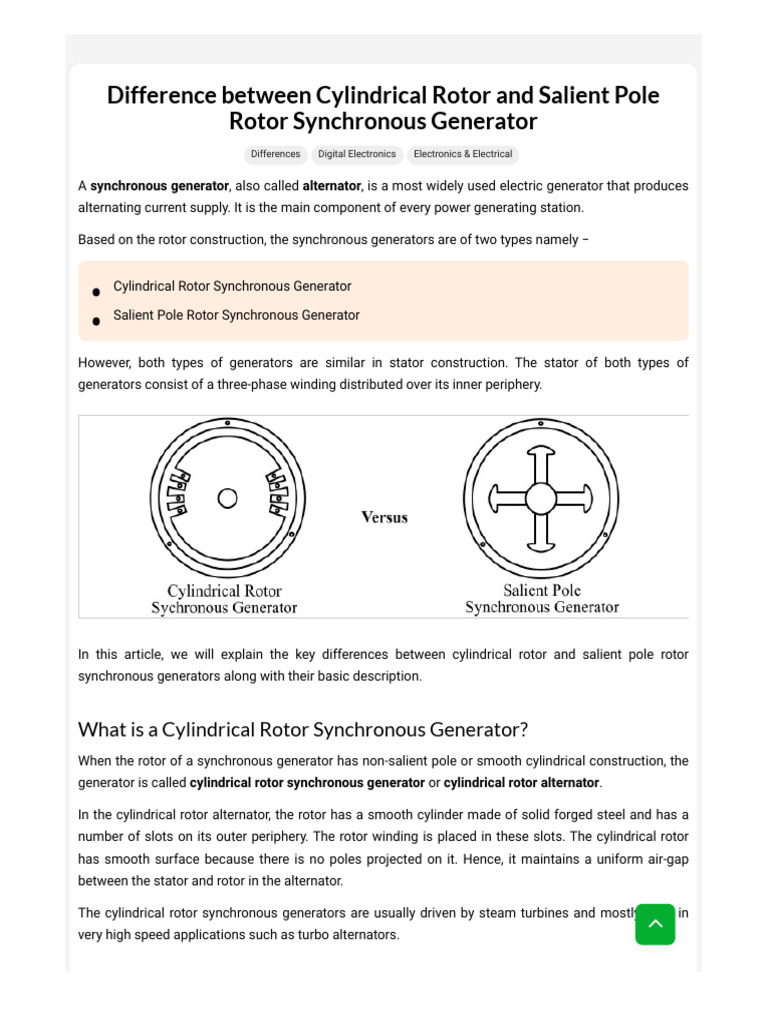 Difference Between Cylindrical Rotor and Salient Pole Rotor Synchronous Generator | PDF ...