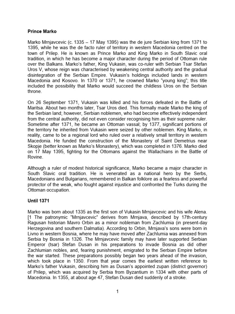 Prince Marko: Serbian King and Folklore Hero | PDF | Serbia