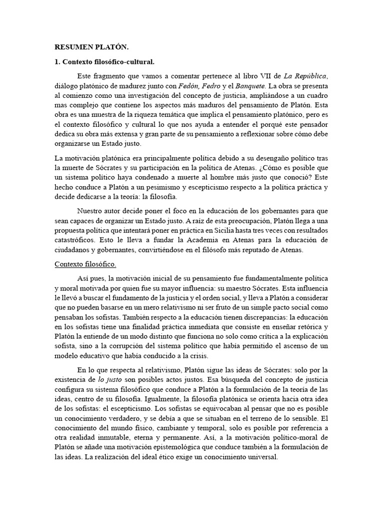 Platón Selectividad. Resumen Completo. | PDF | Platón | Conocimiento