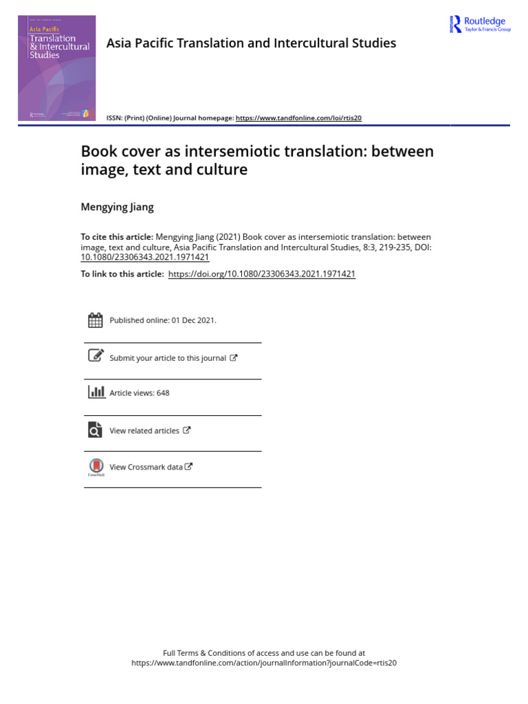 Book Cover As Intersemiotic Translation Between Image Text and Culture ...