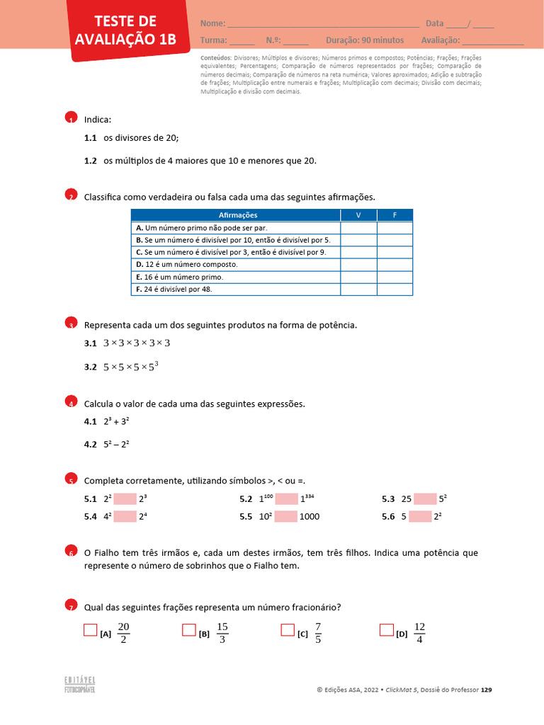 Teste de Avaliação 1B | PDF | Decimal | Notação matemática