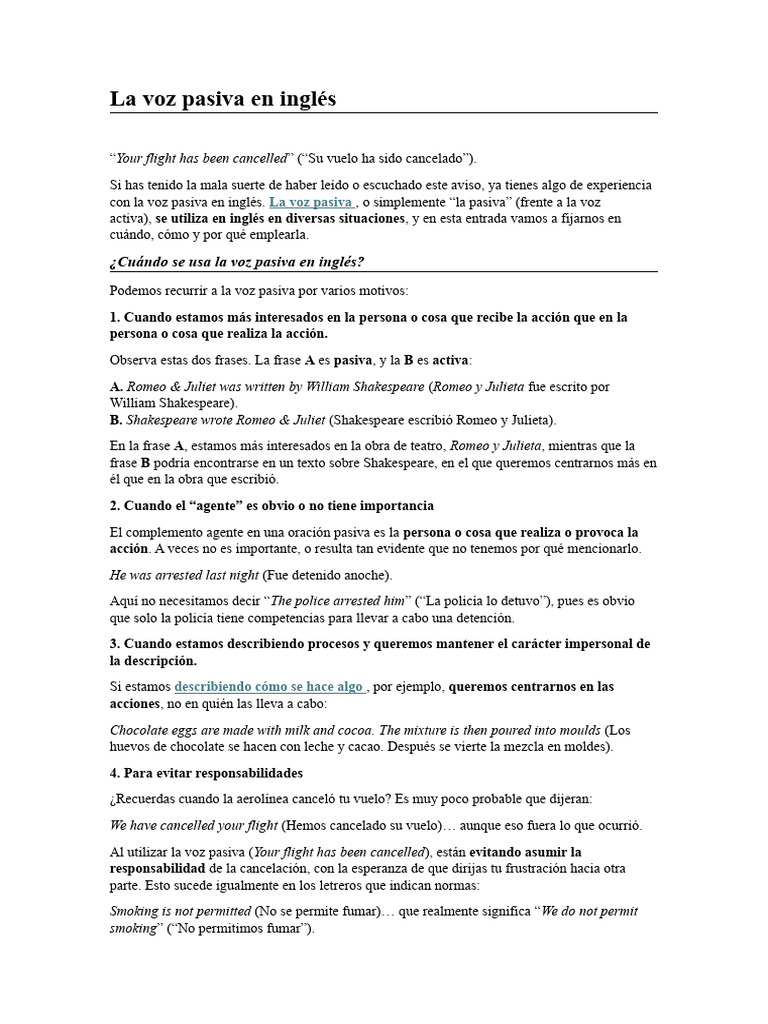 Uso y Reglas de la Voz Pasiva en Inglés | PDF | Verbo | William Shakespeare
