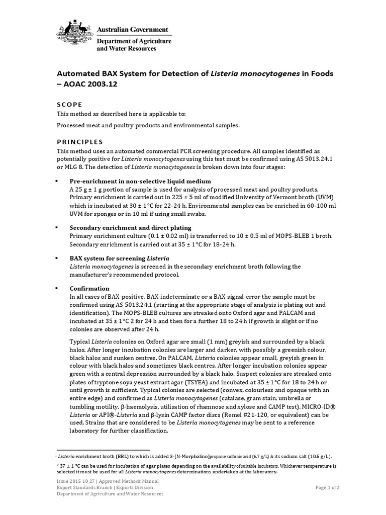 Automated BAX System For Detection of Listeria Monocytogenes in Foods ...