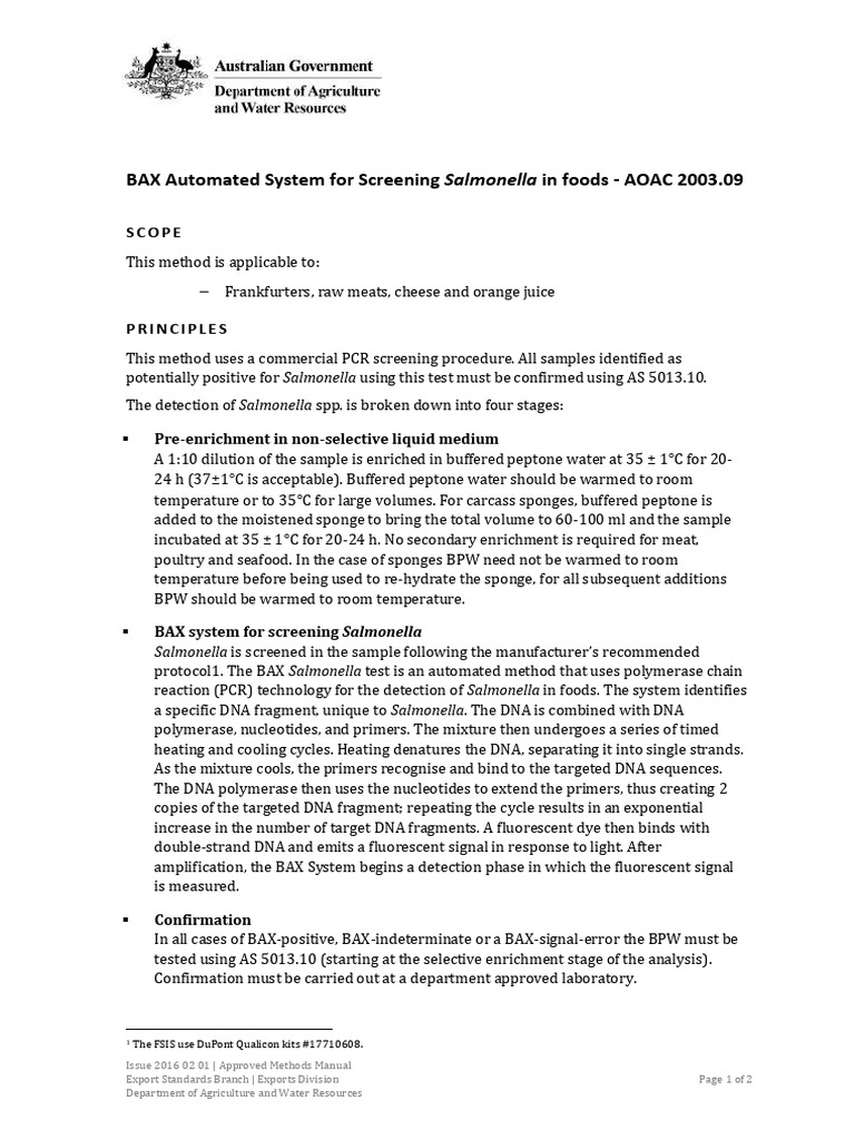 BAX Method for Salmonella Detection | PDF | Polymerase Chain Reaction ...