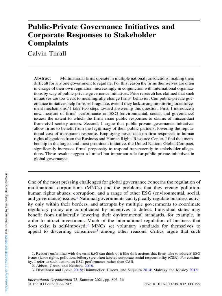 Public Private Governance Initiatives and Corporate Responses To ...