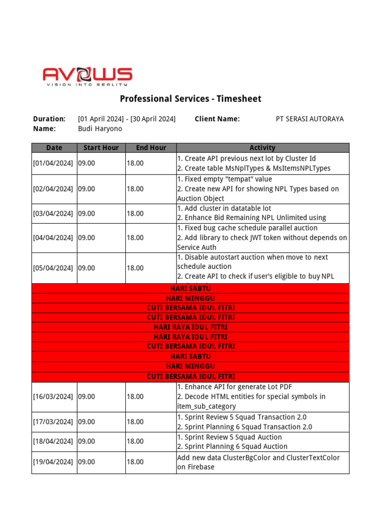 Timesheet Avows April 2024 - Budi Haryono Signed All | PDF | Software ...